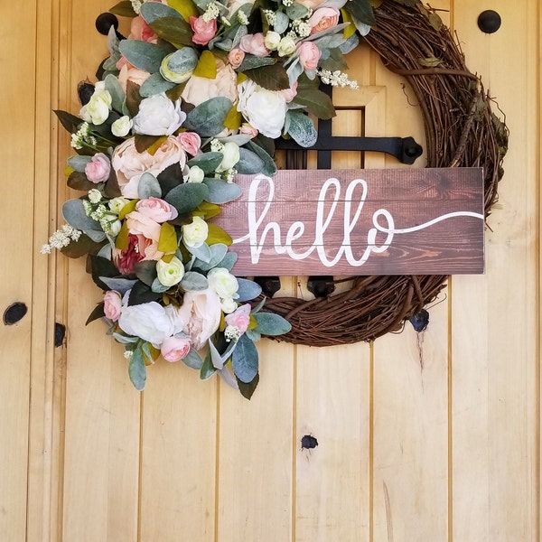 Hello Wreath, Wreaths for Front Door, Peony, Peonies, Lambs Ear, Summer ...