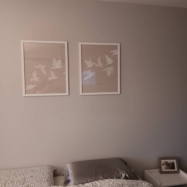 Bird Flock Set of Two, Modern Printable Wall Art, Beige Decor, Flying ...