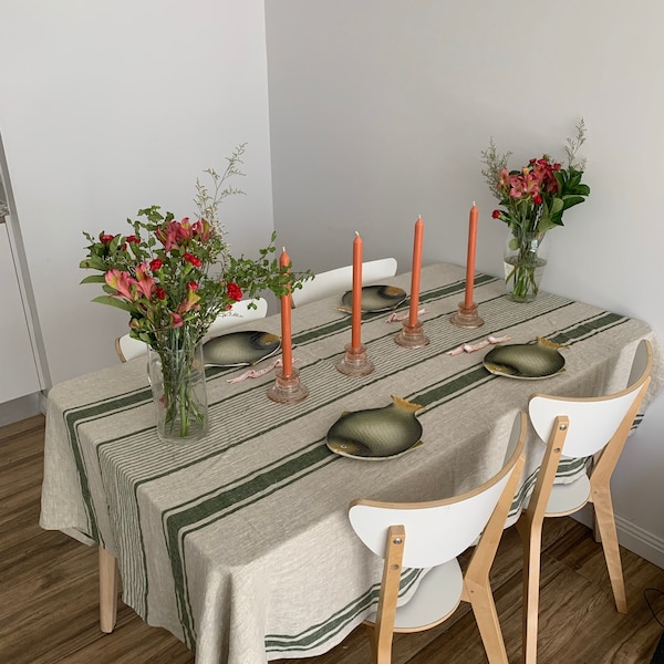 Heavy Linen Tablecloth for Easter Table - French Style Striped Washed ...
