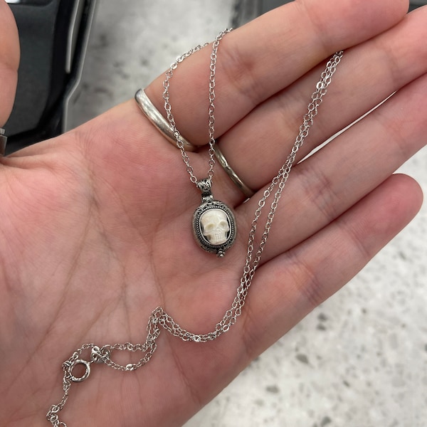 Vintage Gothic Pearl Skull Locket Necklace With Engraving, Carved Pearl ...