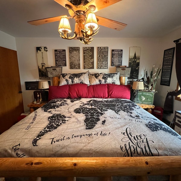 World Map Bedding, Free Spirit Map Duvet Cover Set, Inspirational Quote ...