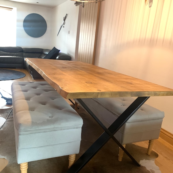 SET Live Edge Solid Oak 1 X Dining Table-star Frame Legs 1 X Bench ...