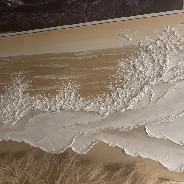Large 3D White Minimalist Textured Wall Art Beach Painting,3d White Wave Art,white 3D Textured ...