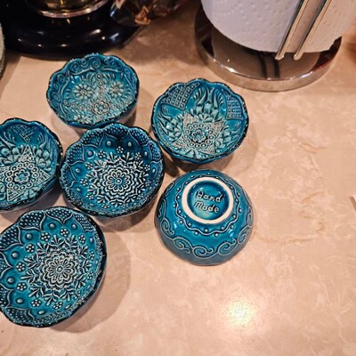 Turkish Ceramic Tea Cups Set of 6 Blue Handpainted Pottery, Lead Free ...