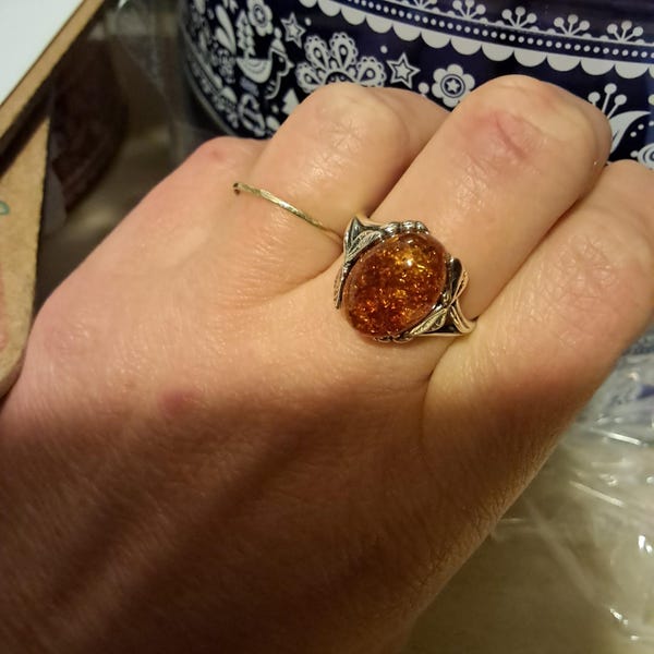 Oval Cognac / Brown BALTIC AMBER Dragonfly Ring 925 Sterling Silver ...
