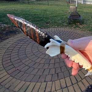 Large Knapped Glass Bowie Knife With Deer Antler Handle Flint Knapping ...