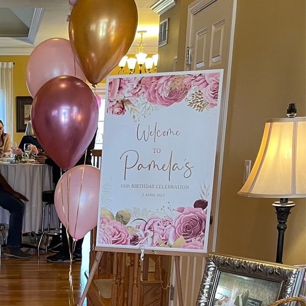 Pink and Gold Floral Welcome Sign, Birthday Welcome Poster, Surprise ...