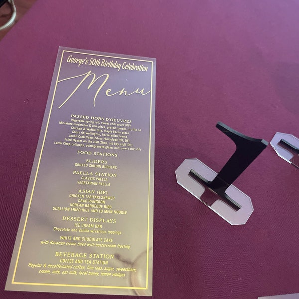 Gold Foil Acrylic Wedding Menu Card (4x9") Custom Event Decor, Luxury ...