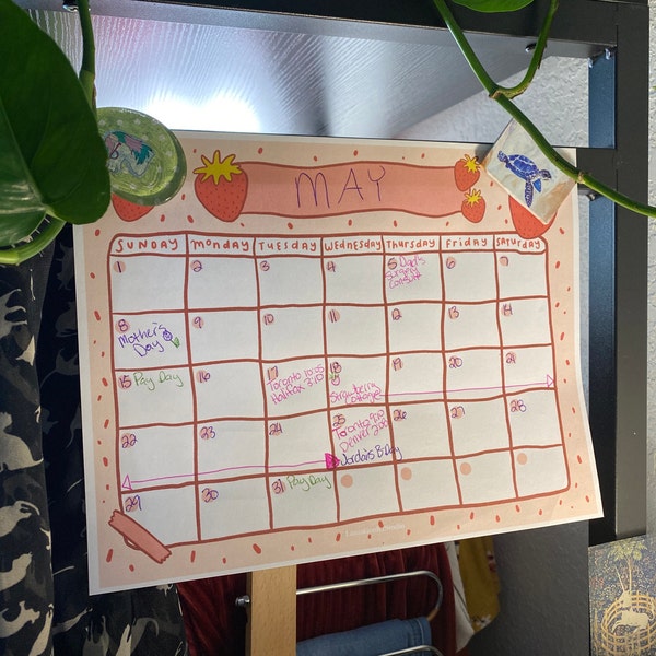 Strawberry Open Digital Calendar / Cute Printable Calendar / Cute Pink ...