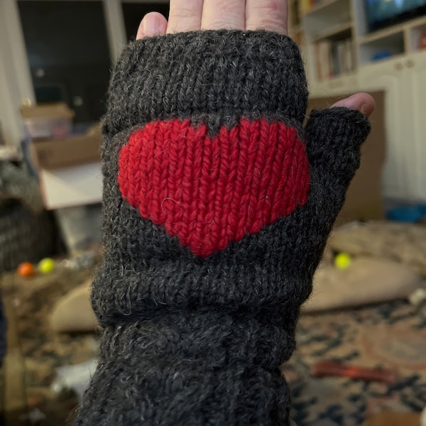 Hand Knit Gray Flower Fingerless Gloves Wool Texting Mittens Fleece ...