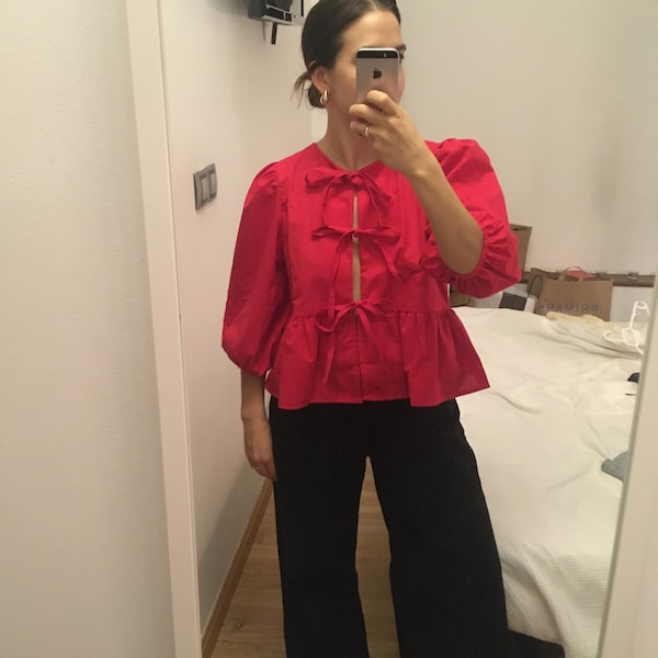 Tie Front Top - GANNI Dupe - Puff Sleeve - Made to Order - Etsy