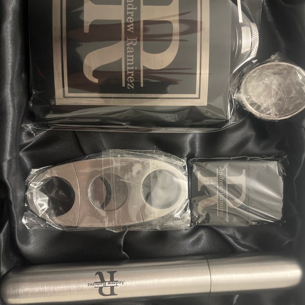 Engraved 7oz Stainless Steel Flask Funnel Cigar Cutter Lighter Block ...