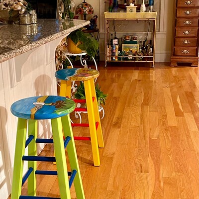Whimsical Painted Round Top Bar Stool Furniture, 24 Inch, Painted Bar ...