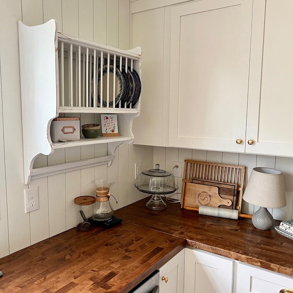 Farmhouse Plate Rack With Primitive Towel Rung, Hanging Plate Rack ...