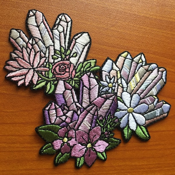 Crystal Patch With Flowers - Iron on Embroidered Patches - Rose Quartz ...