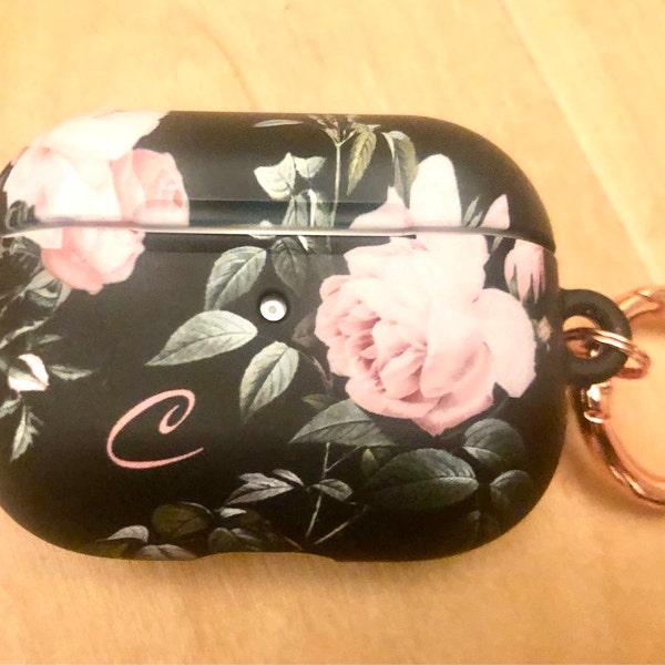 Rose Pattern on Black AirPod Case Monogrammed Airpods Pro Hard Case ...