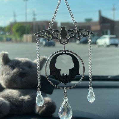 Spooky Cinnamon Sensation: Gothic Rearview Mirror Charm With Black Bat ...