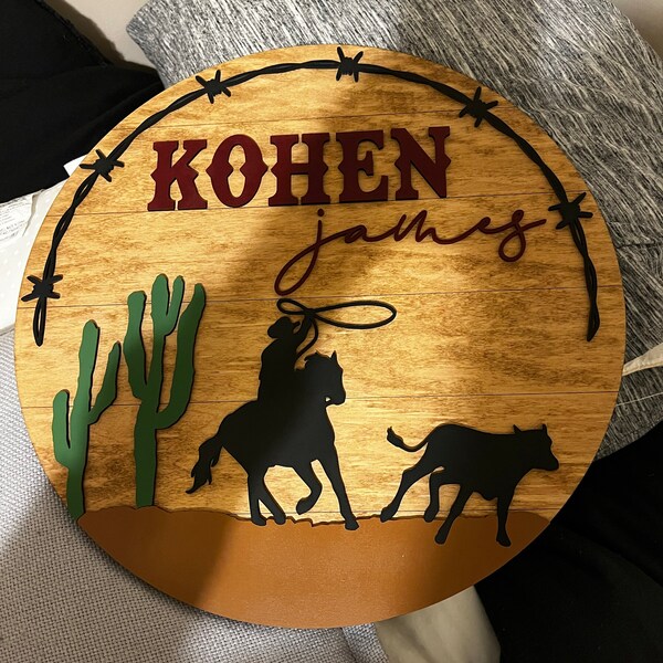 Western Cowboy Roping Calf Name Sign, Personalized Nursery Round Sign ...