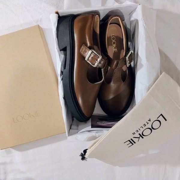 Brown Leather Mary Janes, Genuine Leather Flats With Square Closed Toe ...