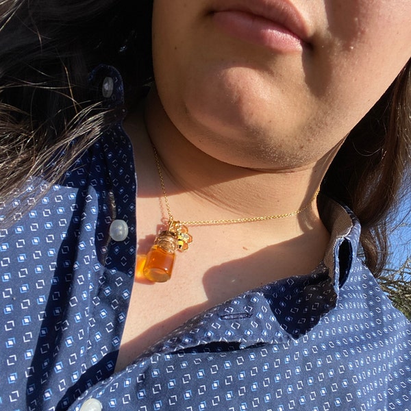 Honey Jar Pendant Necklace Gold Bee and Honeycomb 100% Pure Honey Charm ...
