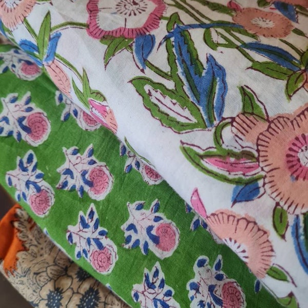 Hand Block Print Fabric, Pink and White Floral Indian Print Fabric ...