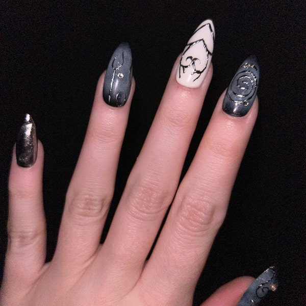 Stunning Acubi-style Nails | Deep Blue Ombre Press on Nails | Sparkling ...