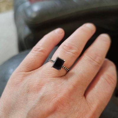 Black Engagement Ring, Square Black Natural Diamond, Three Sided Band ...