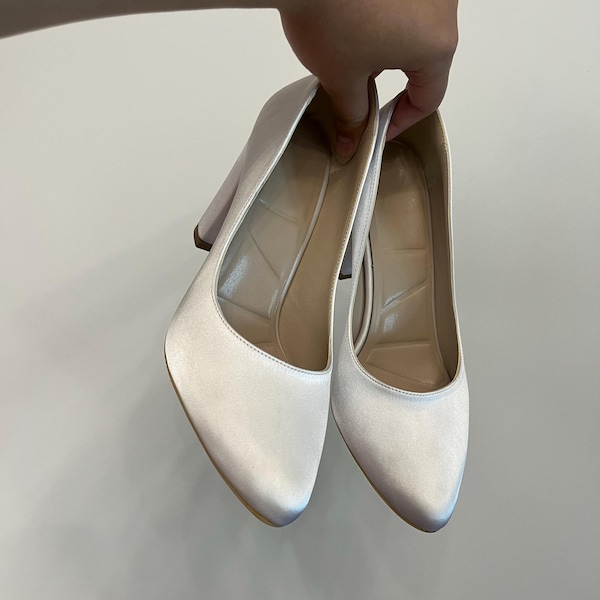 White Bridal Heels, Silky Satin Wedding Shoes, Elegant High Block Heels ...