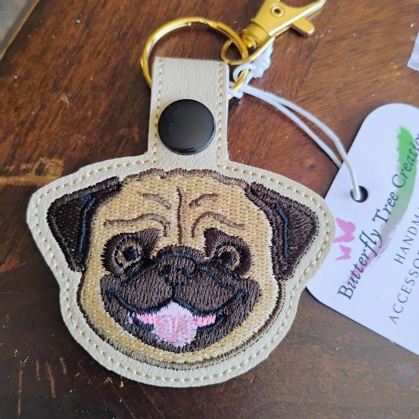 Realistic Pug Keychain: Embroidered Faux Leather Key Fob or Bag Charm ...