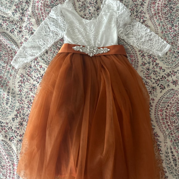 Rustic Burnt Orange Boho Flower Girl Dress With Long Sleeves - Perfect ...
