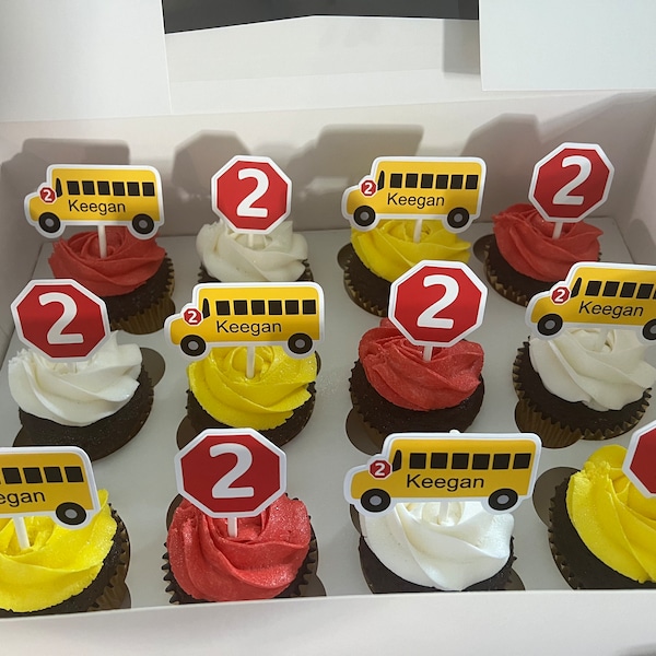 School Bus Cupcake Toppers: Personalized Party Decorations -set of 12 ...