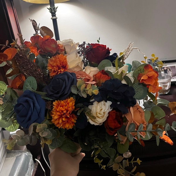 Wedding Bouquet With Navy Blue and Rust Orange Flowers, Bridesmaids ...