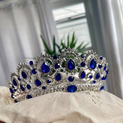 Royal Blue Crystal Crown, Blue Rhinestone Silver Tiara, Blue Crystal ...