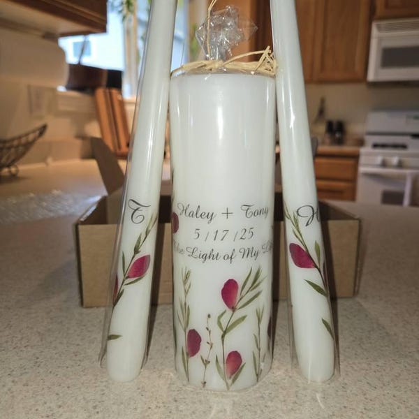 Personalized Unity Candle Set With Real Pressed Flowers, Wedding ...