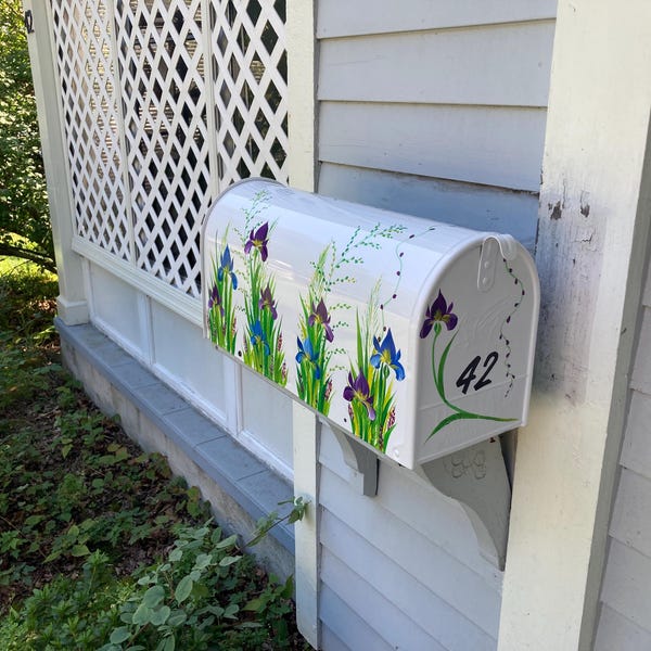 Blue Stripe With Floral Paint Metal Mailbox, White Standard Medium ...