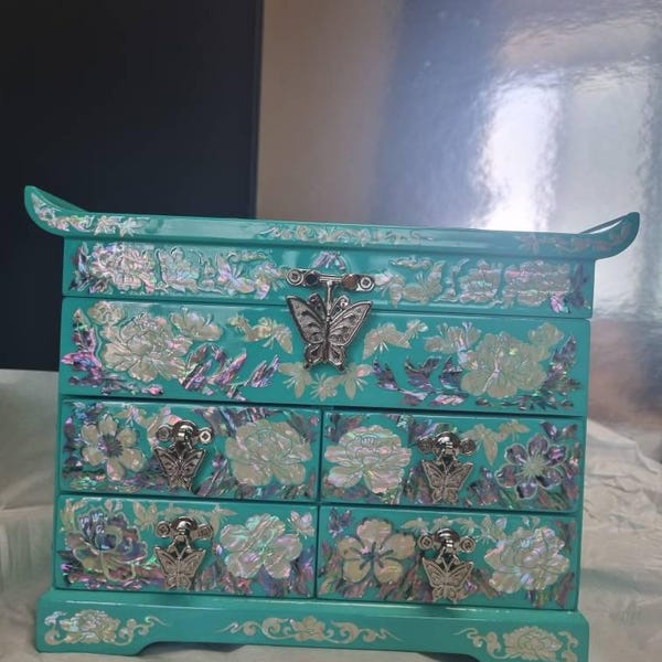 Mother of Pearl Blue Inlay Wood Box Abalone Shell Wooden Storage Korean ...