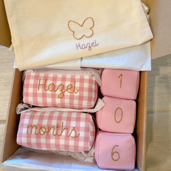 Month Markers Blocks With Light Blue Checkered Print - Age Milestone ...