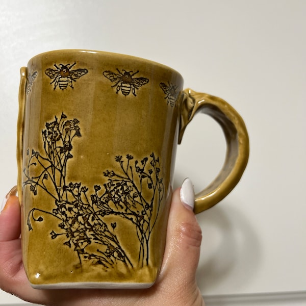 Bumble Bee Mug, Tan Bee Mug, Handmade Ceramic Mug, Boho Kitchen Mug ...