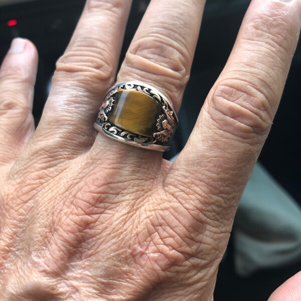 Mens Brown Tiger Eye Wedding Band, Vintage Heraldic Sterling Silver ...