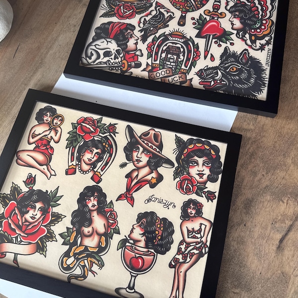 Medic and Gypsy Traditional Tattoo Flash Sheet (11x14) (skull, Gypsy, Arrowhead, Jesus, Rose ...