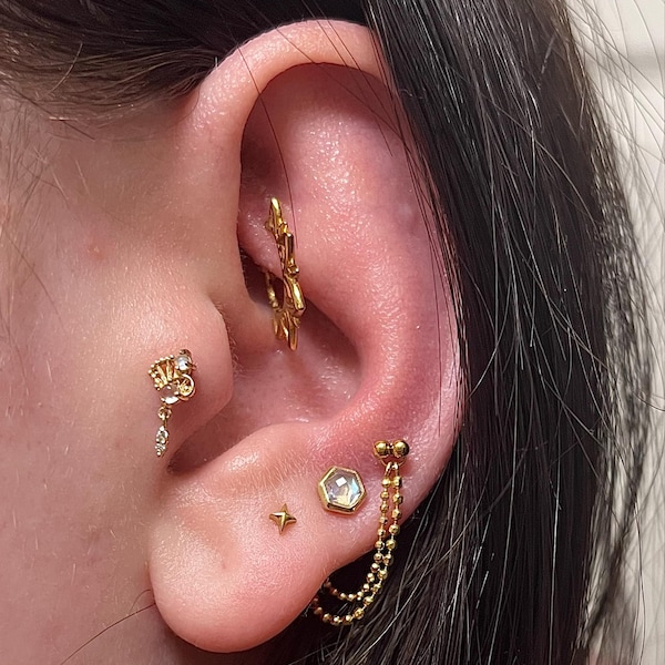 14K Solid Gold Natural Opal Sun Shape Stud/half Sun Cartilage Helix ...