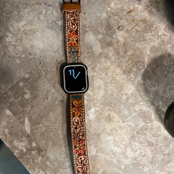 Custom Design Western Floral Tooled & Painted Leather Watch Band ...