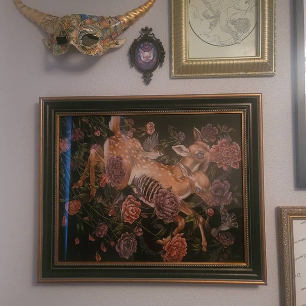 Fawn Deer With Birds and Flowers Gothic Botatnical Art- Giclee Print ...