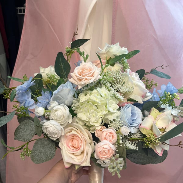 Boho Bridal Bouquet, Blush Pink and Blue Wedding Bouquet, Wedding ...