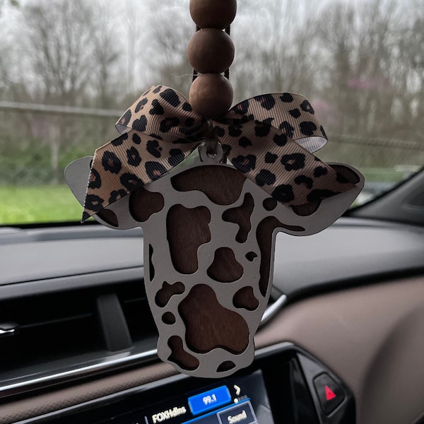 Wooden Cow Car Charm: Monogram Rear View Mirror Hanging - Etsy