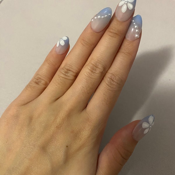 Elegant Ombré Light Blue Flower Press on Nails | Hand-painted Nails ...