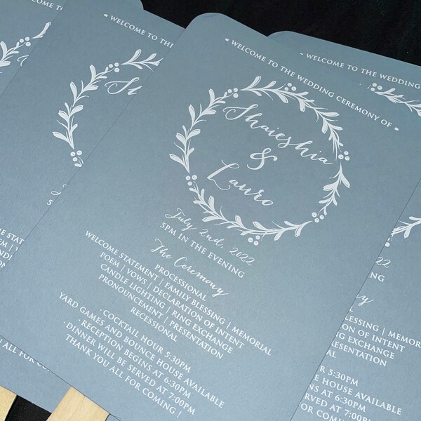 Light Dusty Blue Wedding Program Fans Wooden Sticks Included - Light ...