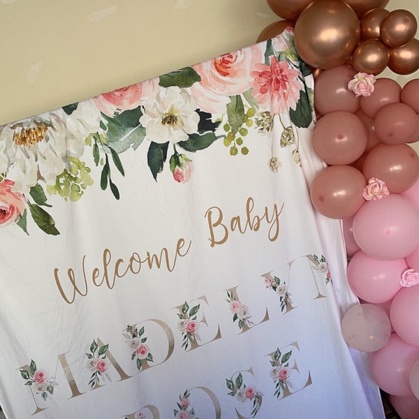 Custom Name Baby Shower Backdrop, Blush Floral Baby Shower Backdrop ...