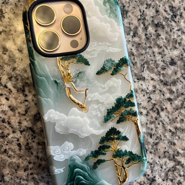 Magsafe Asian Chinese Embroidery Phone Case Green Landscape Tough Phone ...
