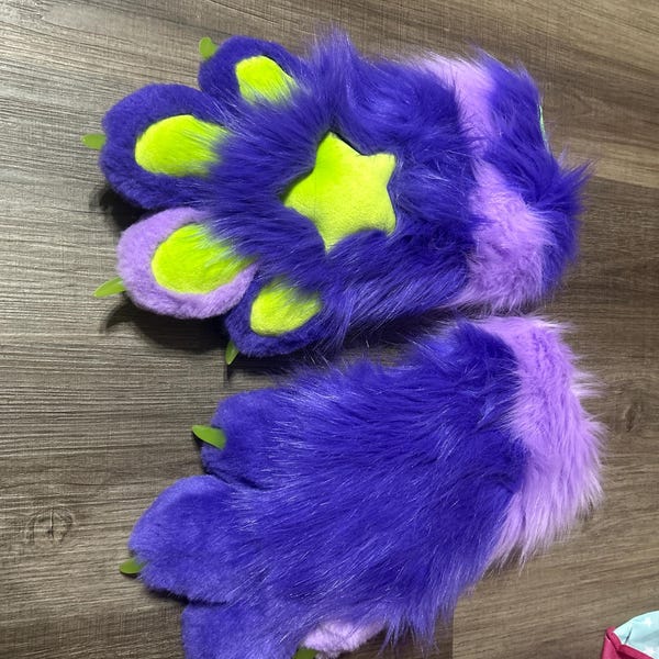 Handmade Cream-blue Cat Paw Cosplay Gloves Faux Fur Fluffy Kitten Puppy ...